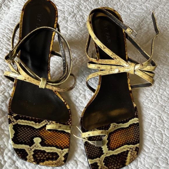 BY FAR | Shoes | By Far Snake Print Sandals In Black And Tan | Poshmark